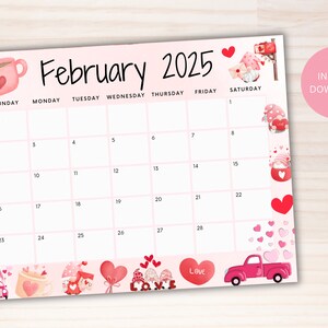 Editable February 2025 Calendar, Printable Valentines Day Calendar W ...