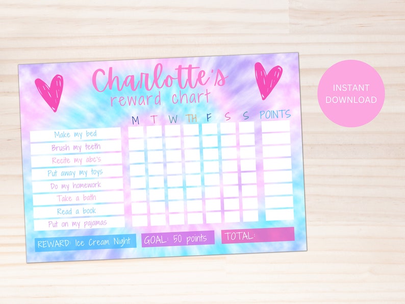 Editable Kids Chore Chart Tie Dye Colors, Kids Tie Dye Reward Chart ...