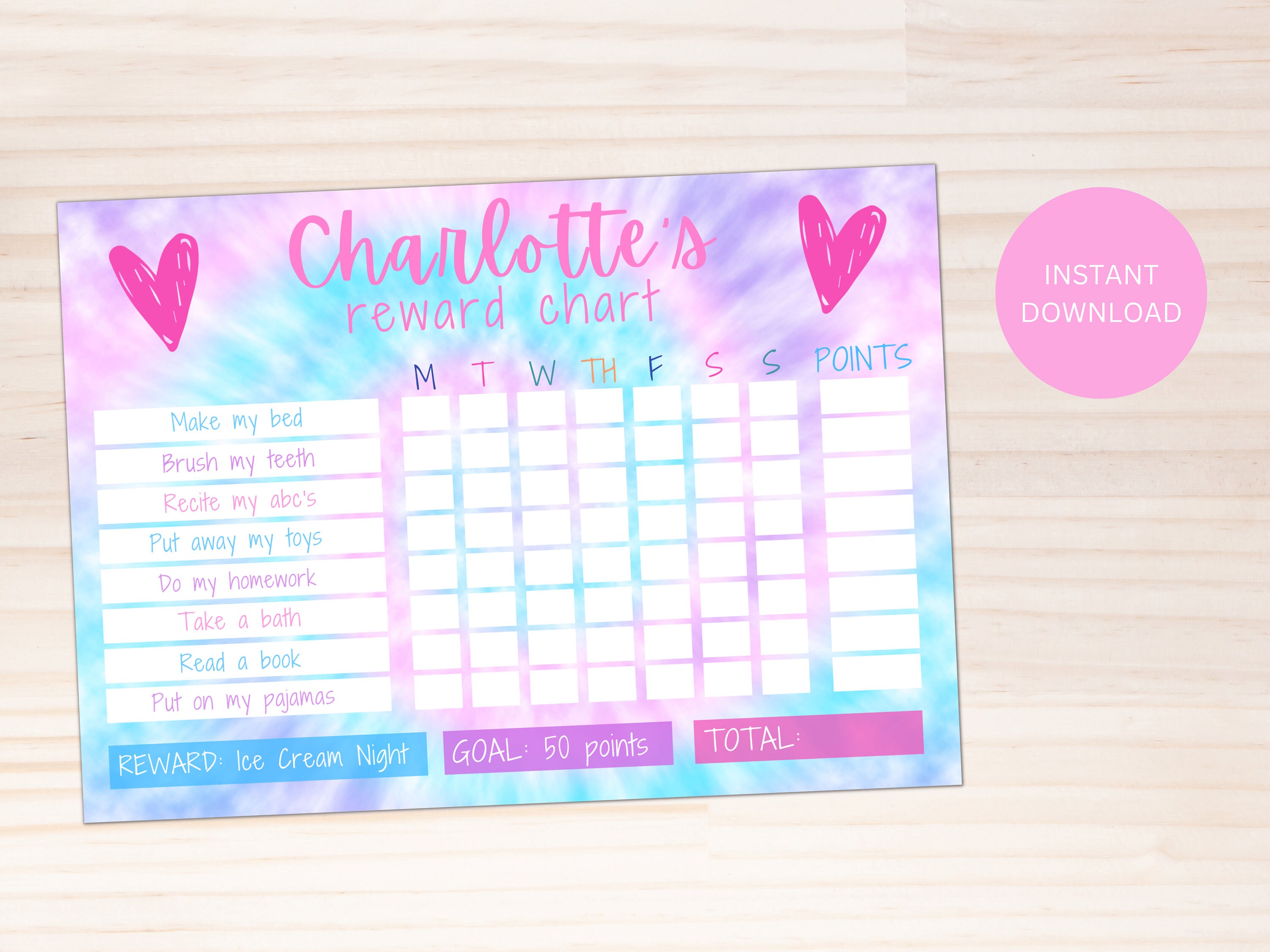 Editable Kids Chore Chart Tie Dye Colors, Kids Tie Dye Reward Chart ...