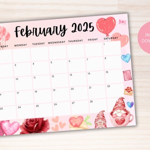 Editable February 2025 Calendar, Cute Printable Calendar W/ Red Rose ...