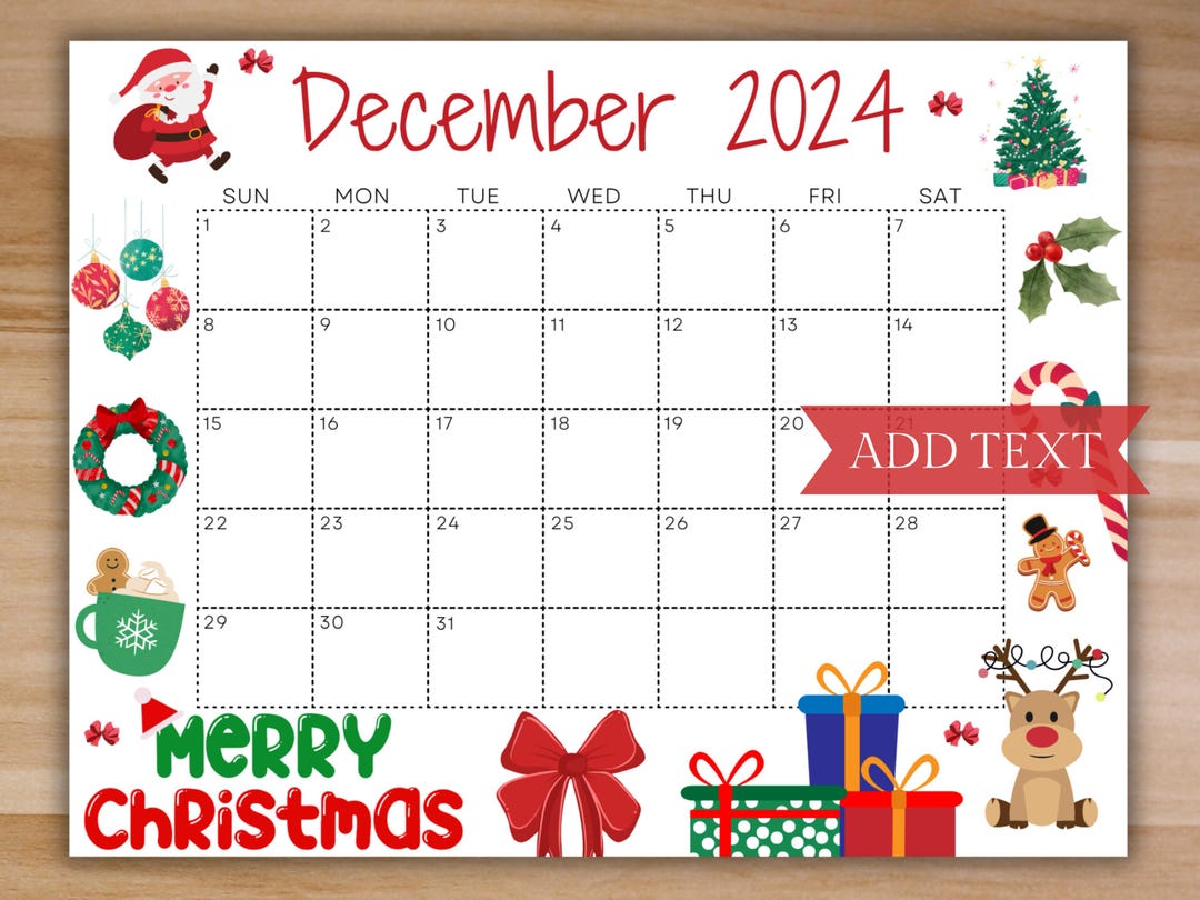 Calendario de diciembre de 2024 editable, calendario imprimible con ...