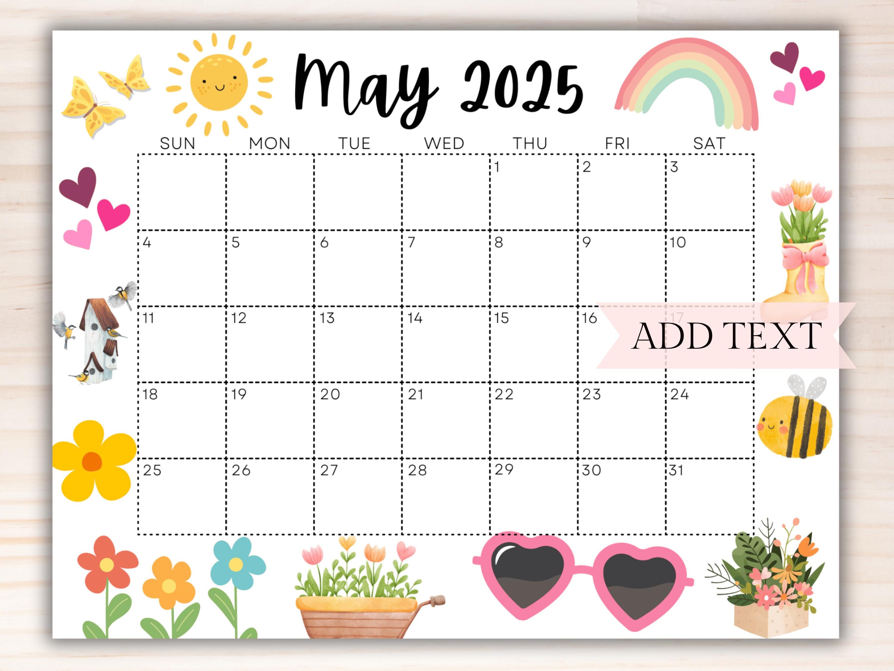 EDITABLE May 2025 Calendar, Printable Calendar 2025, Spring Calendar ...