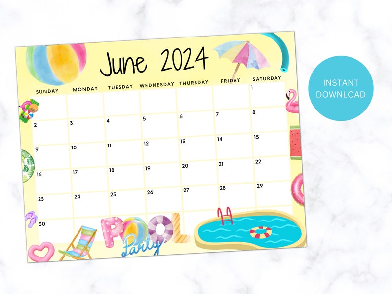 Printable June 2024 Calendar, Editable Summer Calendar, Cute Calendar ...