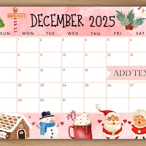 Printable December Calendar 2025, Printable Christmas Calendar W/ Santa ...