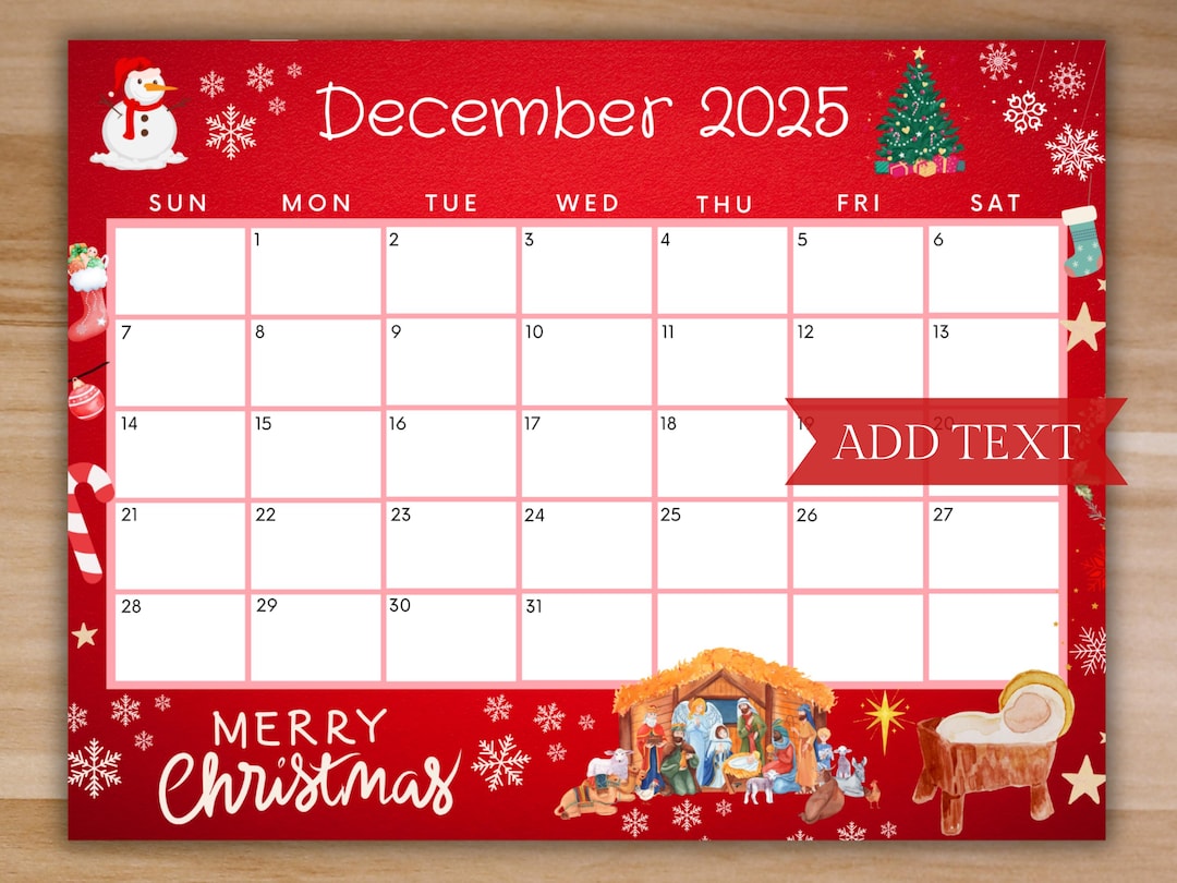Editable December 2025 Calendar, Printable Merry Christmas Calendar ...