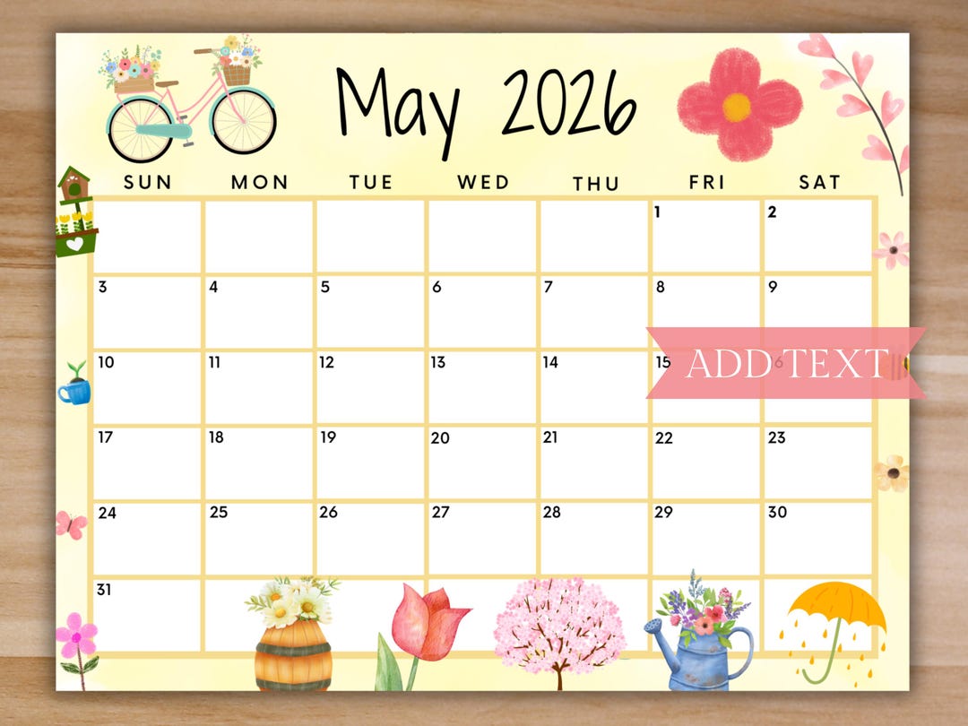 EDITABLE May 2026 Calendar, Printable Calendar, Yellow Spring Calendar ...