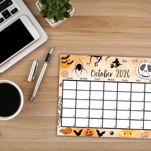 Editable October 2026 Calendar, Printable Spooky Halloween Calendar W ...