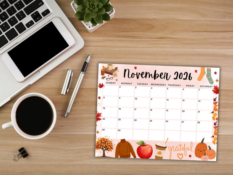 Editable November 2026 Calendar, Printable Calendar Grateful W/ Fall ...