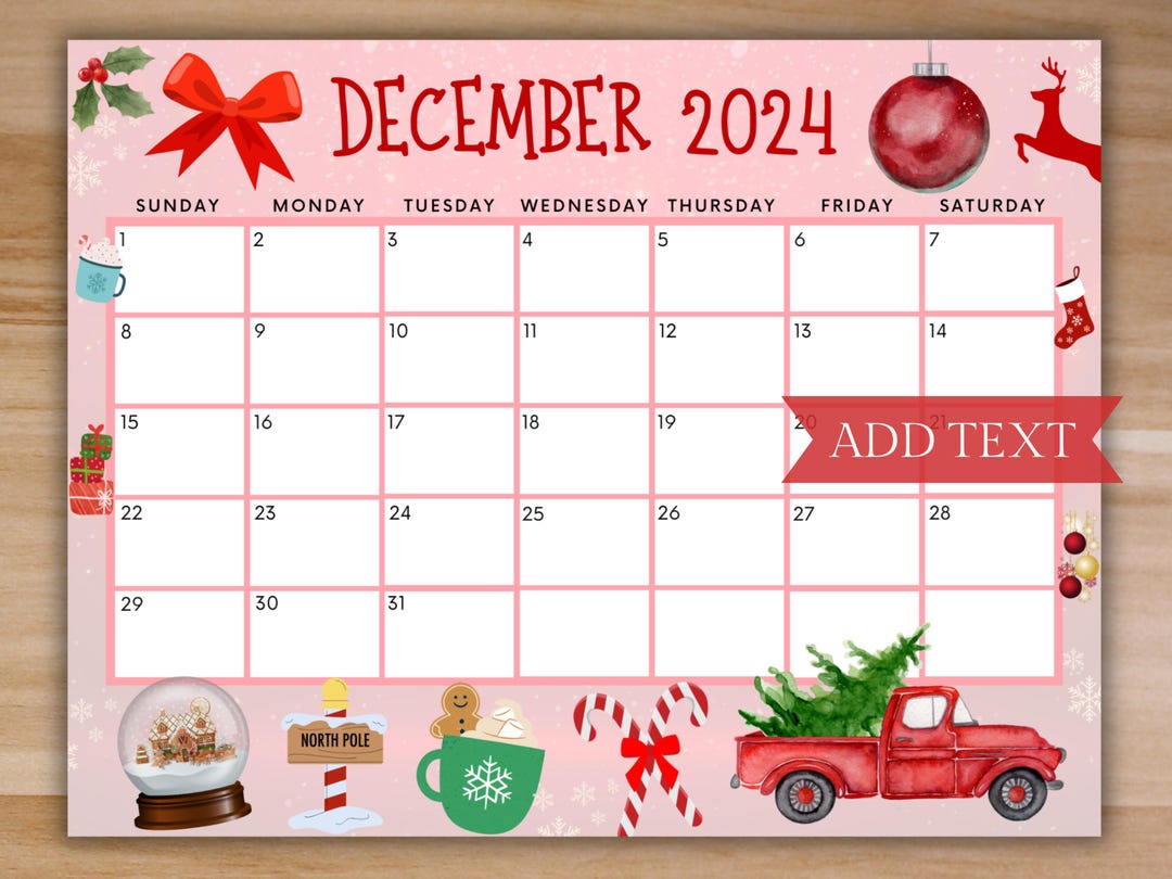 Editable December Calendar 2024, Printable Calendar, Red Christmas ...