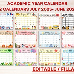 Editable School Calendar 2025-2026 From July to June- Printable ...