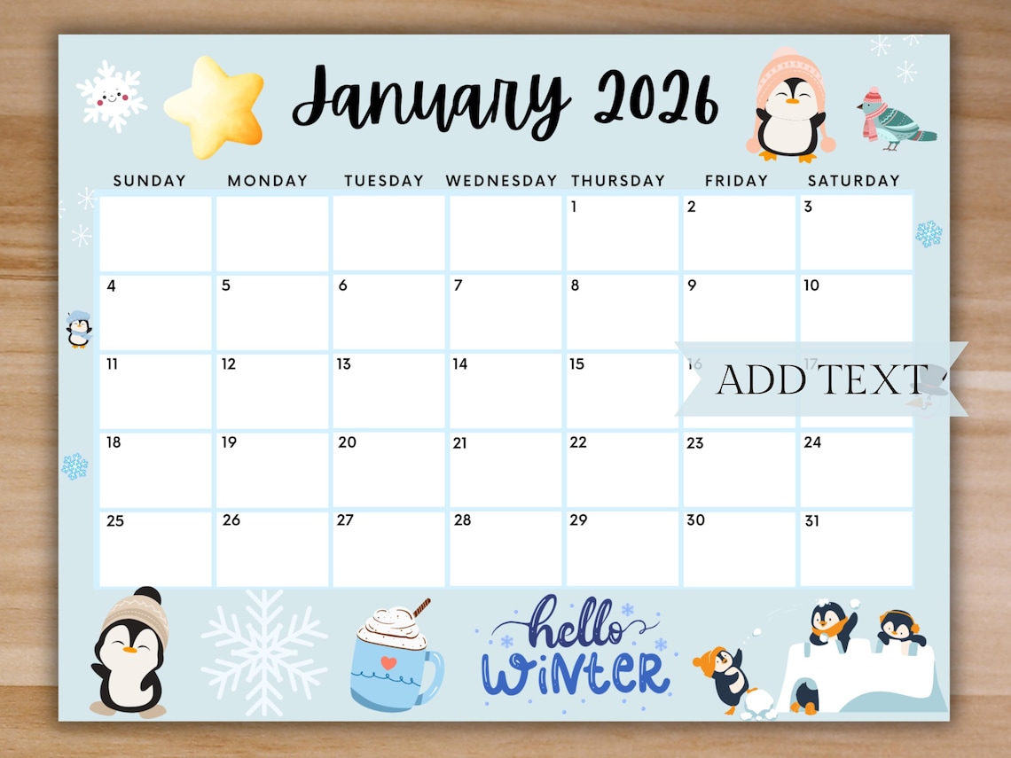 Editable January Calendar 2026, Printable Calendar W/ Cute Blue Winter ...