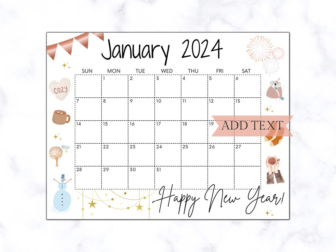Buy Editable January Calendar 2024, Printable Wall Calendar 2024, Cute ...