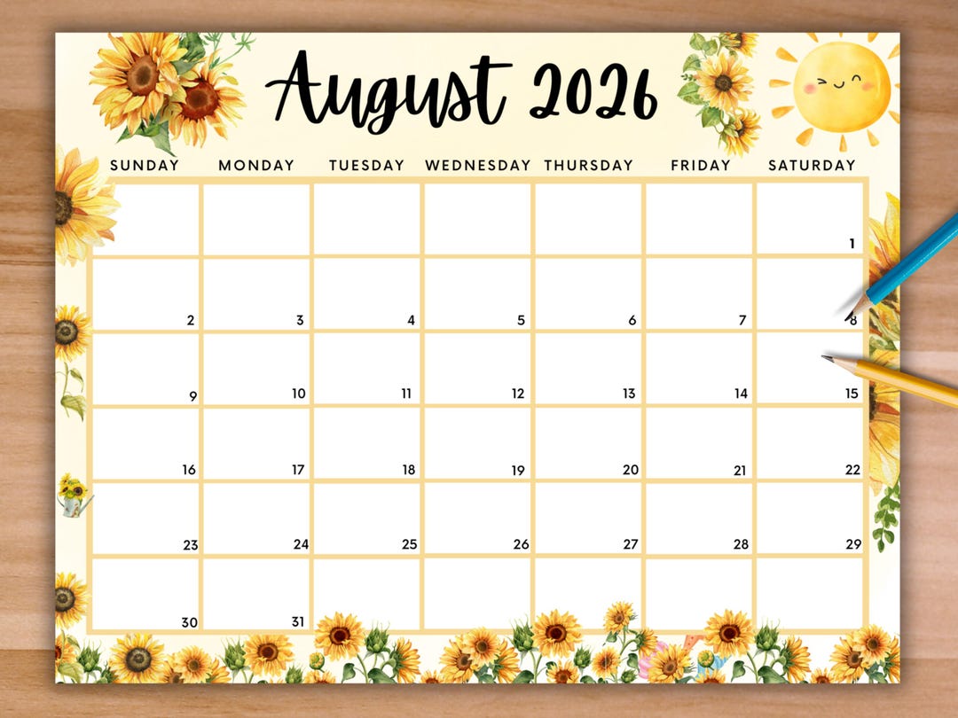 EDITABLE August 2026 Calendar, Printable Calendar, Sunflowers Calendar ...