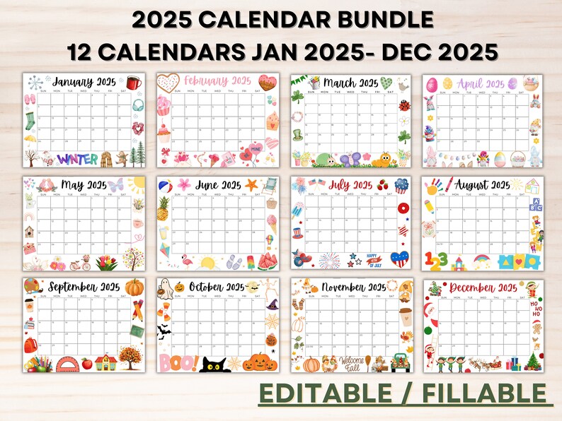 Editable 2025 Calendar Bundle Cute Printable Calendars Kids School ...