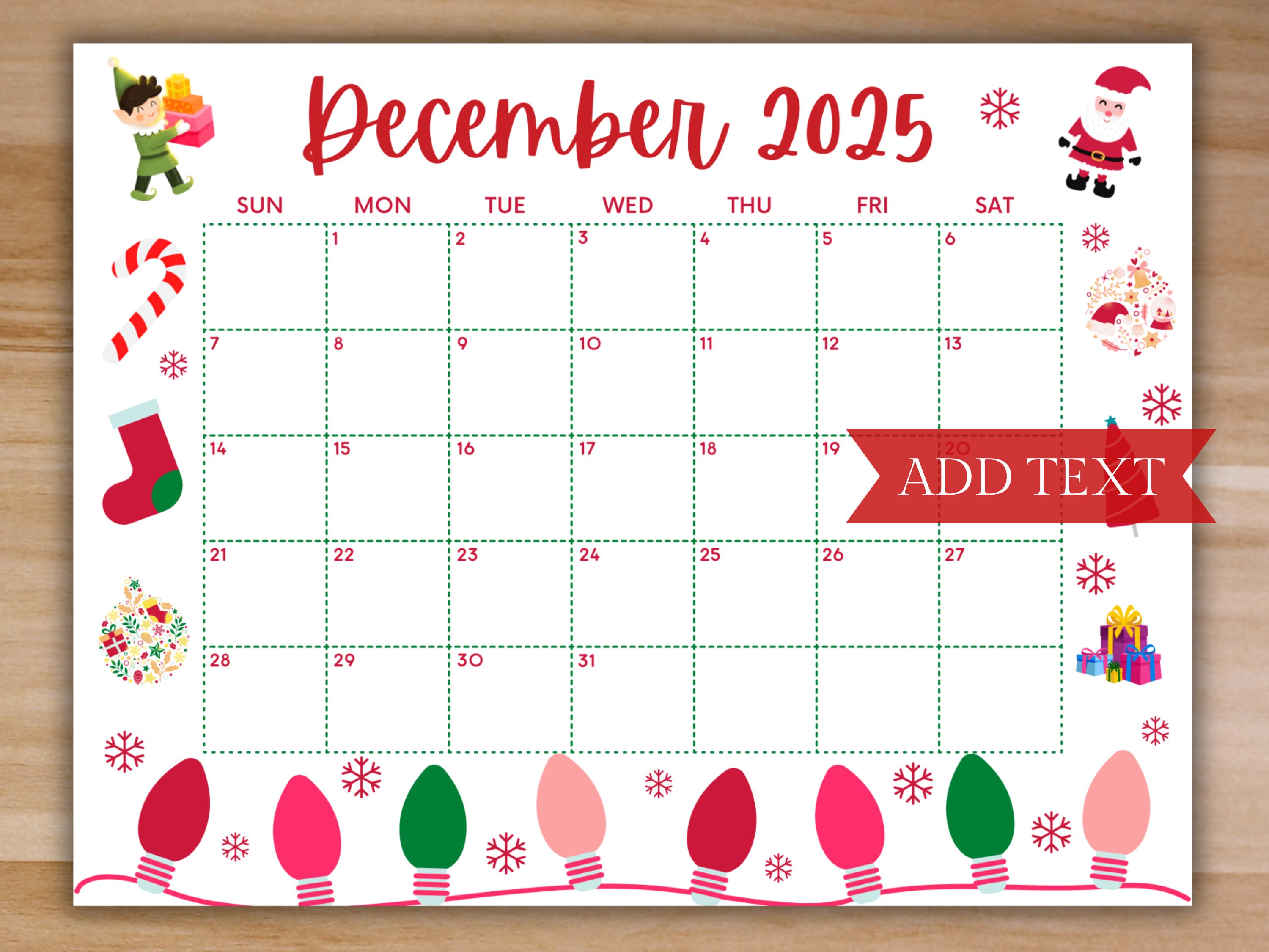 Printable December Calendar 2025, Christmas Calendar, Holiday Calendar ...