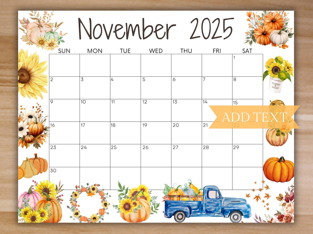 Editable November 2025 Calendar, Printable Calendar for Fall W ...