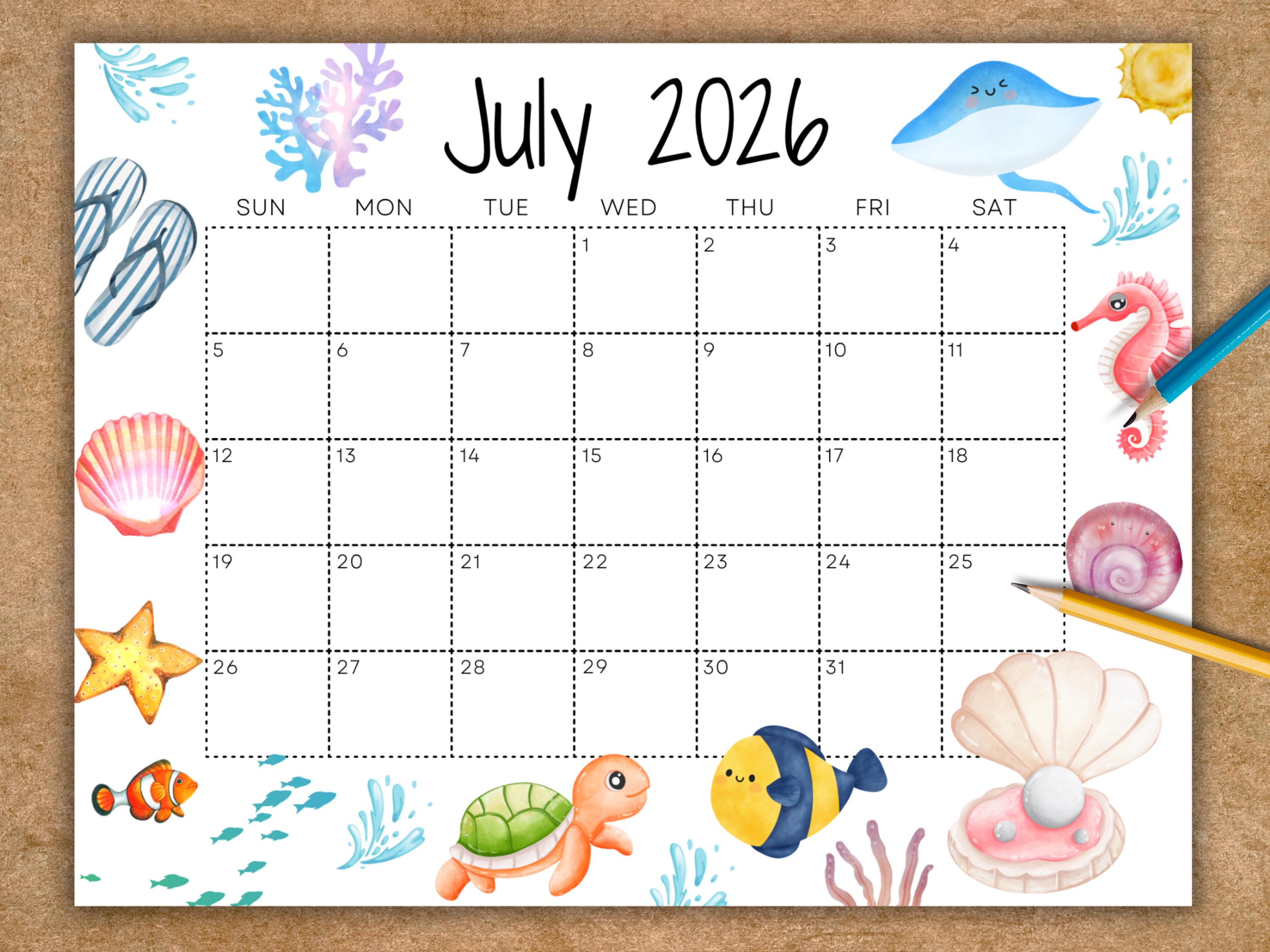 Editable July 2026 Calendar, Ocean Fish Summer Planner, PDF Download ...