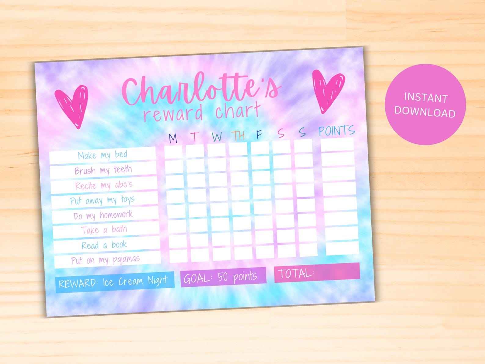 Editable Kids Chore Chart Tie Dye Colors, Kids Tie Dye Reward Chart ...