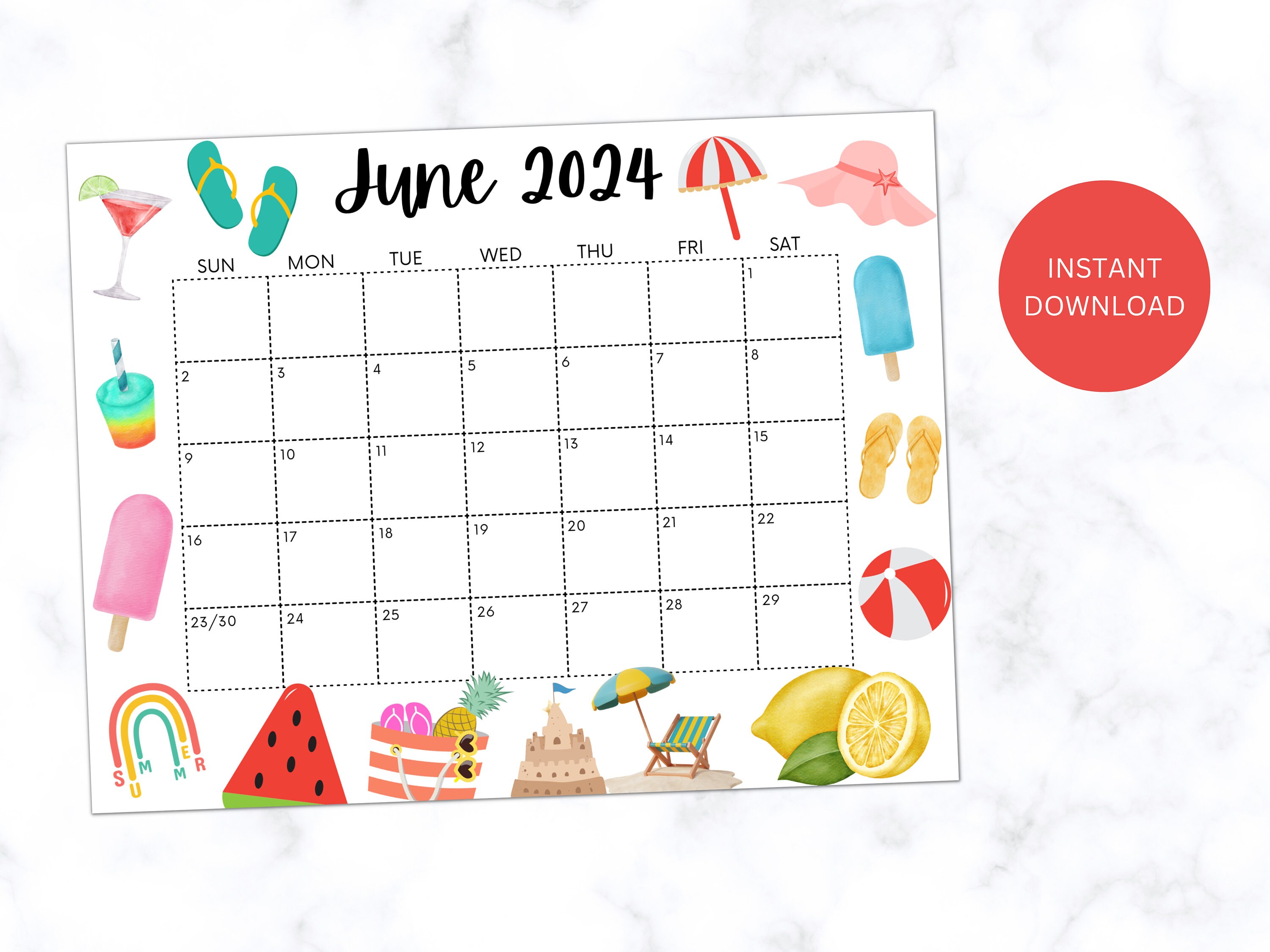 EDITABLE June 2024 Calendar, Printable Summer Calendar W/ Beach Ball ...