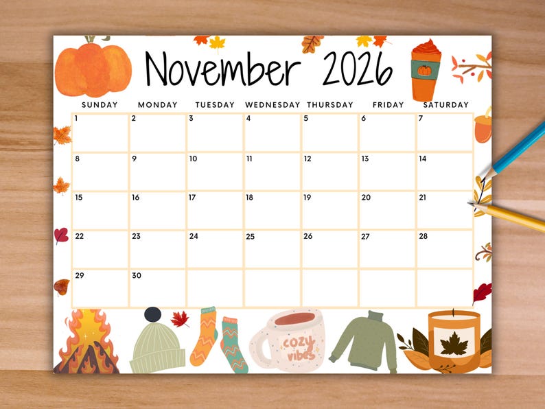 Editable November 2026 Calendar, Printable Calendar, Pumpkin Spice and ...