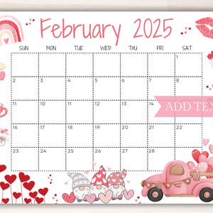 Editable February Calendar 2025, Printable Wall Calendar 2025, Cute ...