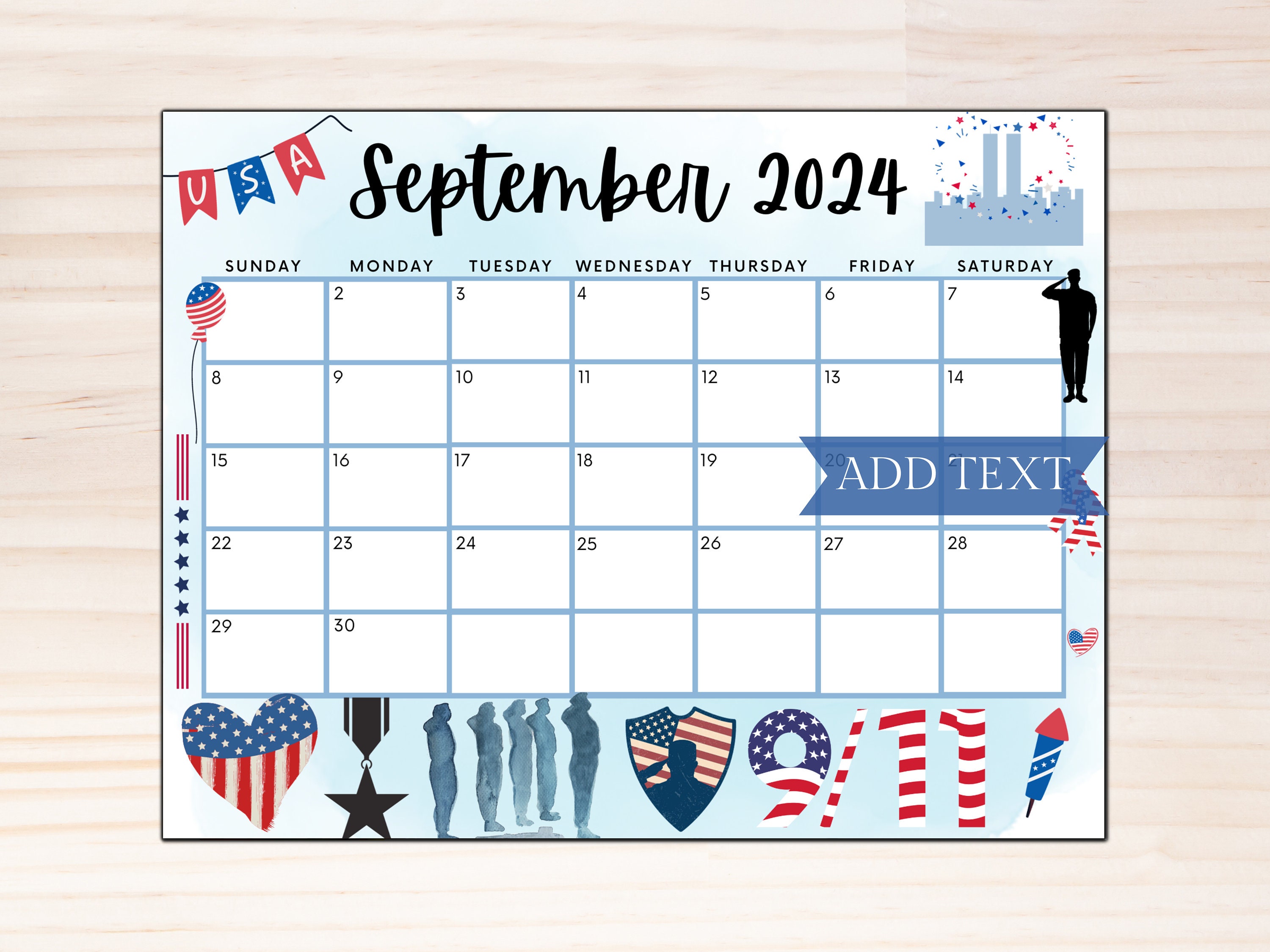 Editable September 2024 Calendar, Printable 9/11 Calendar, Patriotic ...