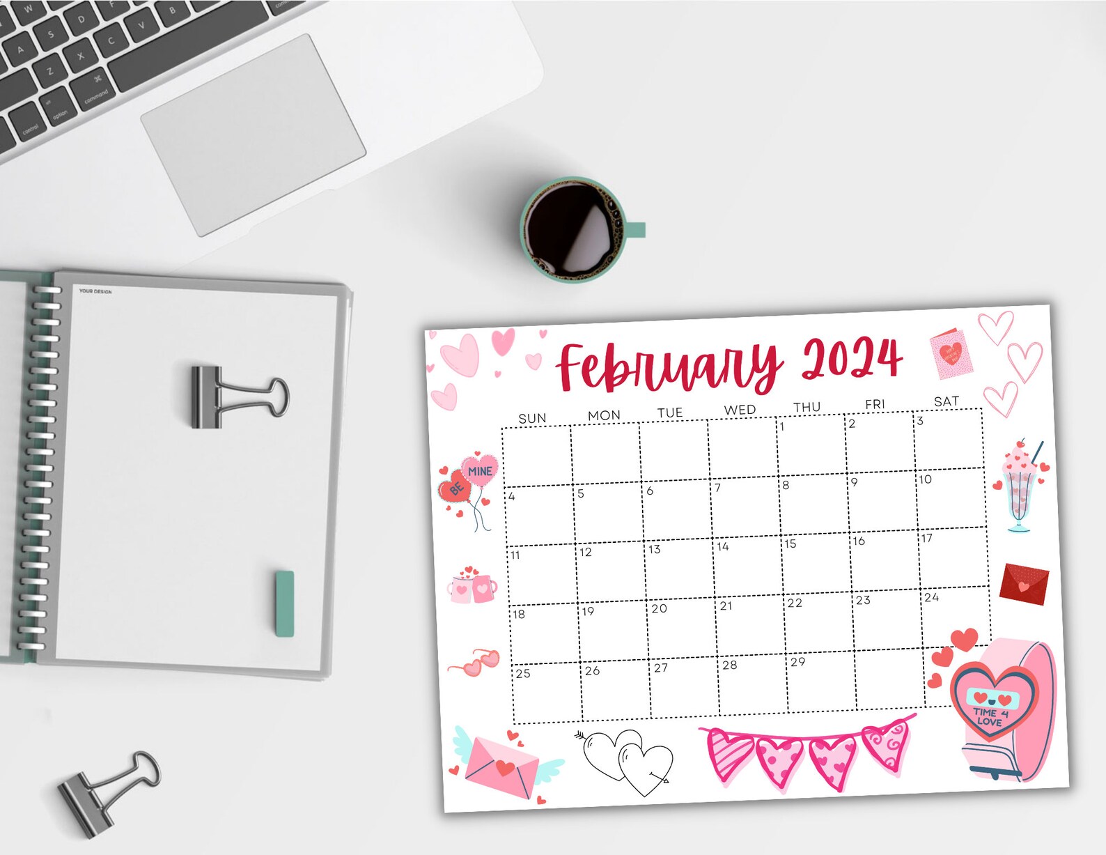 Calendario de febrero editable 2024, Calendario de pared imprimible ...