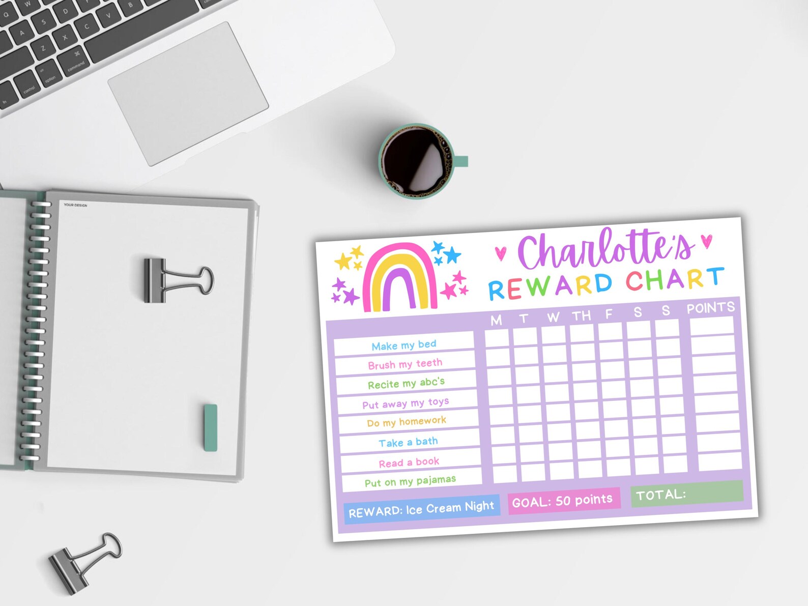 EDITABLE Kids Rainbow Reward Chart, Girls Chore Chart W/ Purple and ...
