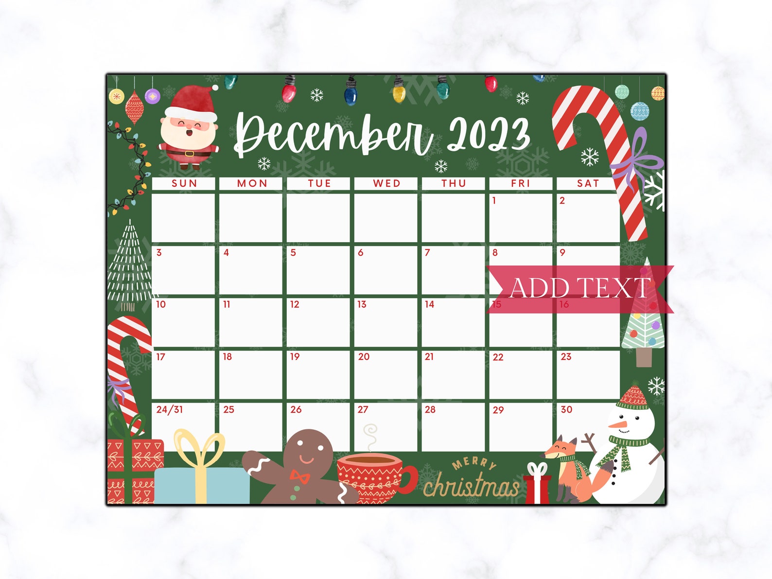 PRINTABLE December Calendar, Christmas Calendar, Holiday Calendar ...