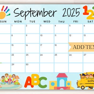 Editable September 2025 Calendar, Printable School Calendar With Abc's ...