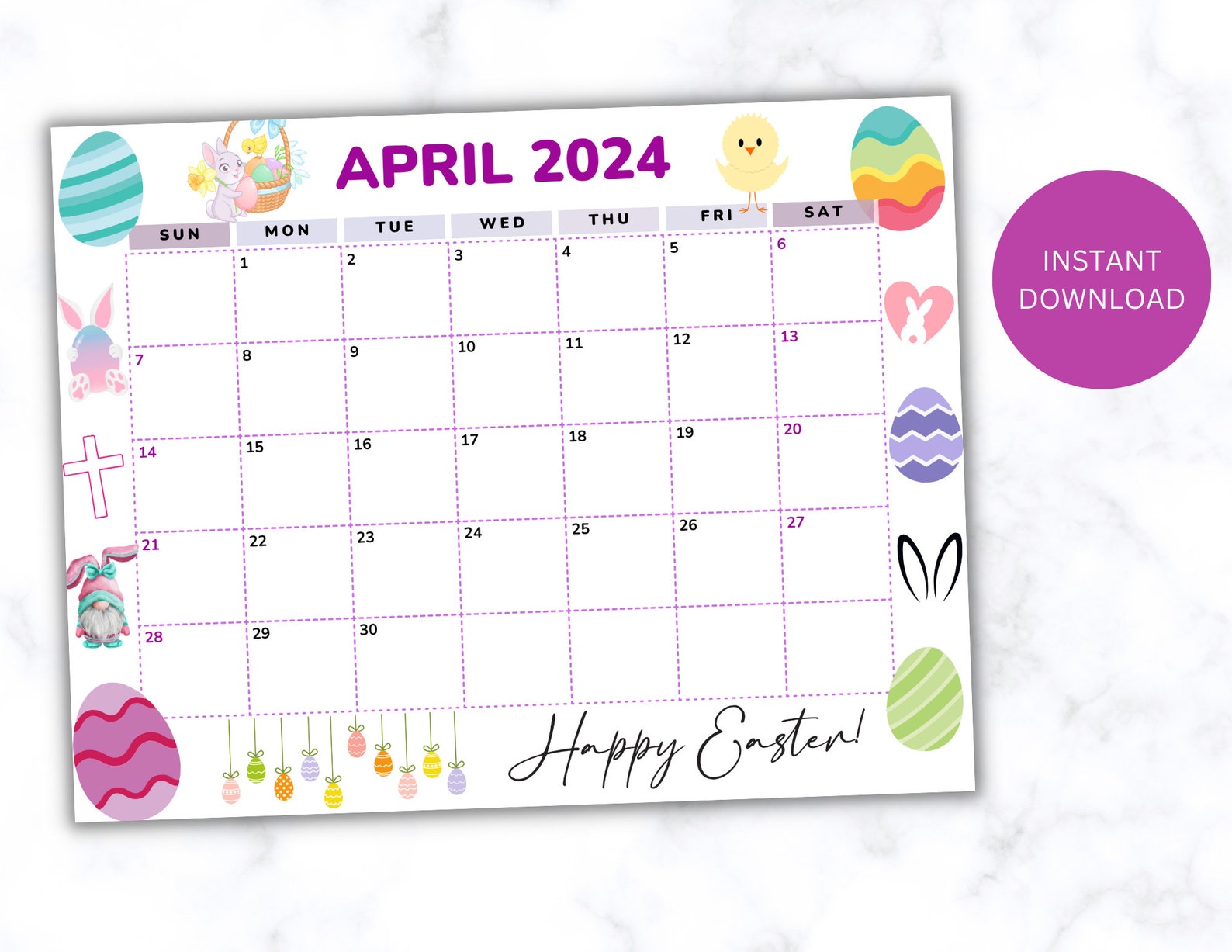 EDITABLE Purple April 2024 Calendar, Printable Happy Easter Calendar ...