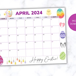 EDITABLE Purple April 2024 Calendar, Printable Happy Easter Calendar ...