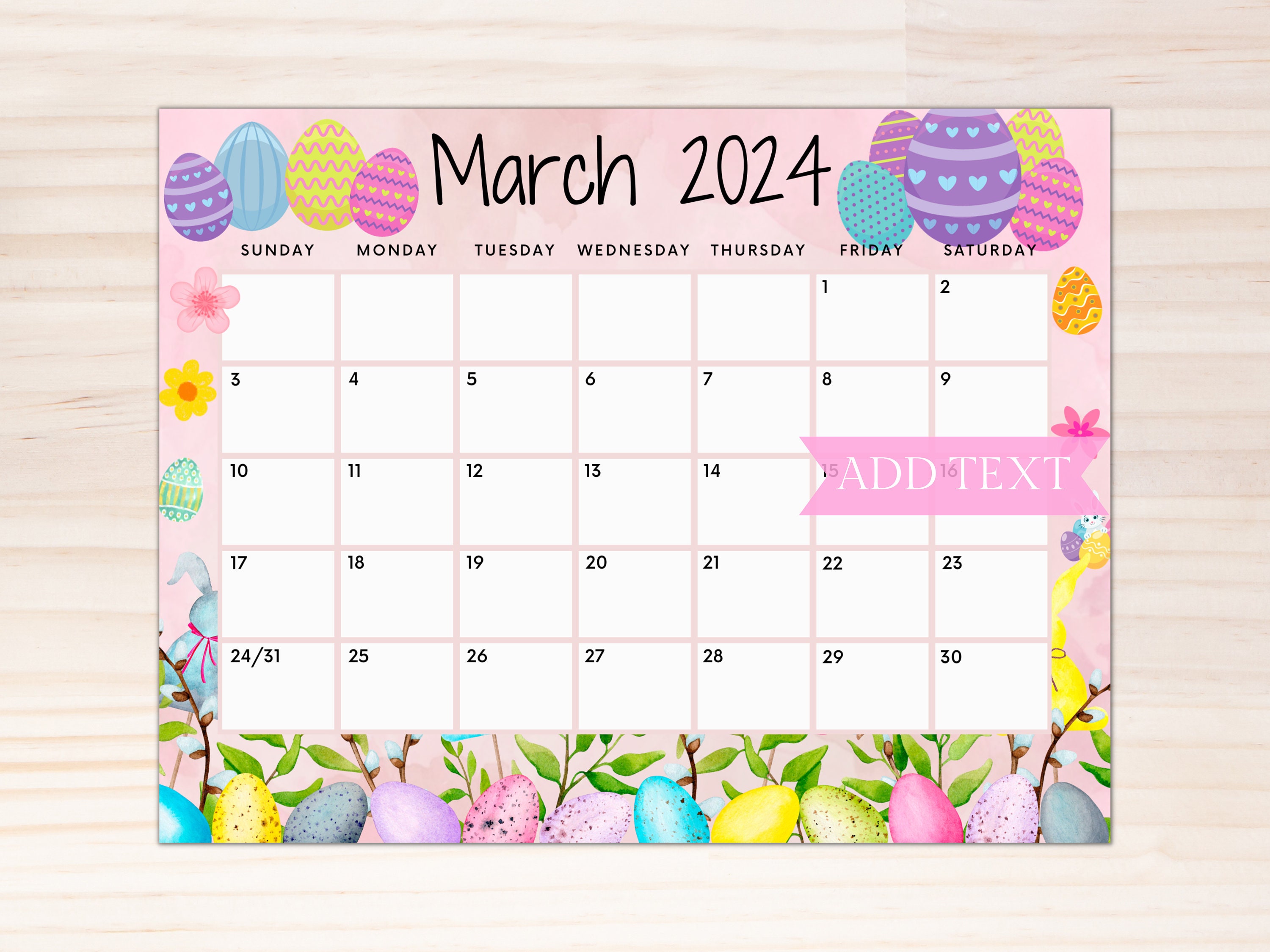 Printable Pink Easter Calendar for March 2024, Cute Calendar for Spring ...