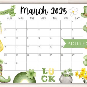 EDITABLE March 2024 Calendar, Printable Calendar, St PATRICKS DAY ...