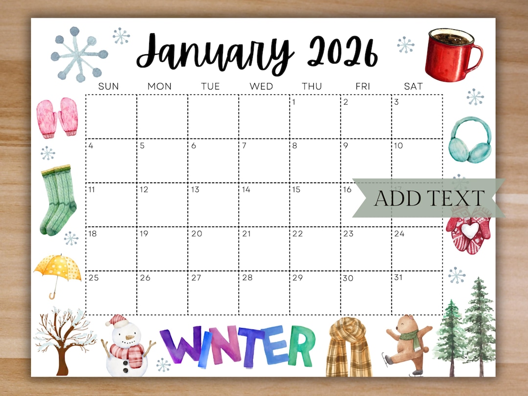 Editable January 2026 Calendar, Printable Winter Calendar, Winter ...