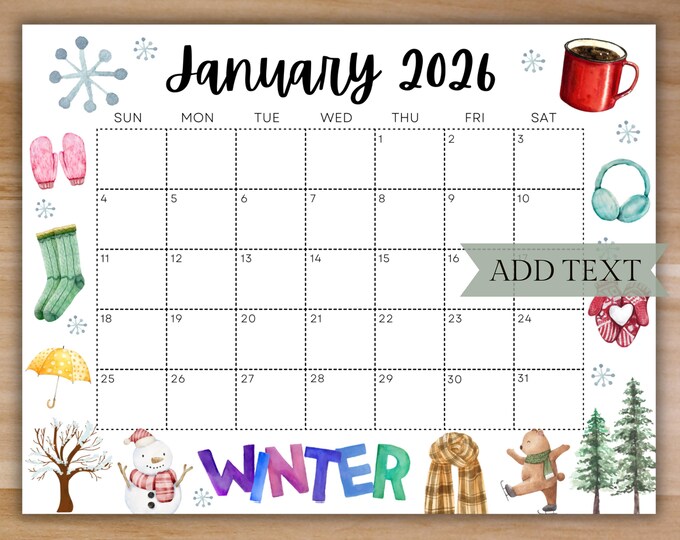 Editable January 2026 Calendar, Cute Winter W/ Cute Snow Man, Monthly ...