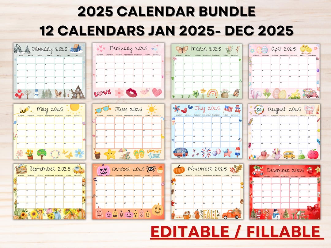 Editable 2025 Calendar Bundle- Printable January Calendar 2025- Kids ...