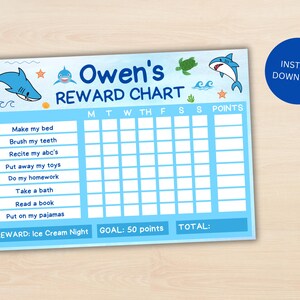 EDITABLE Boys Shark Reward Chart, Ocean Animals Chore Chart, Cute ...