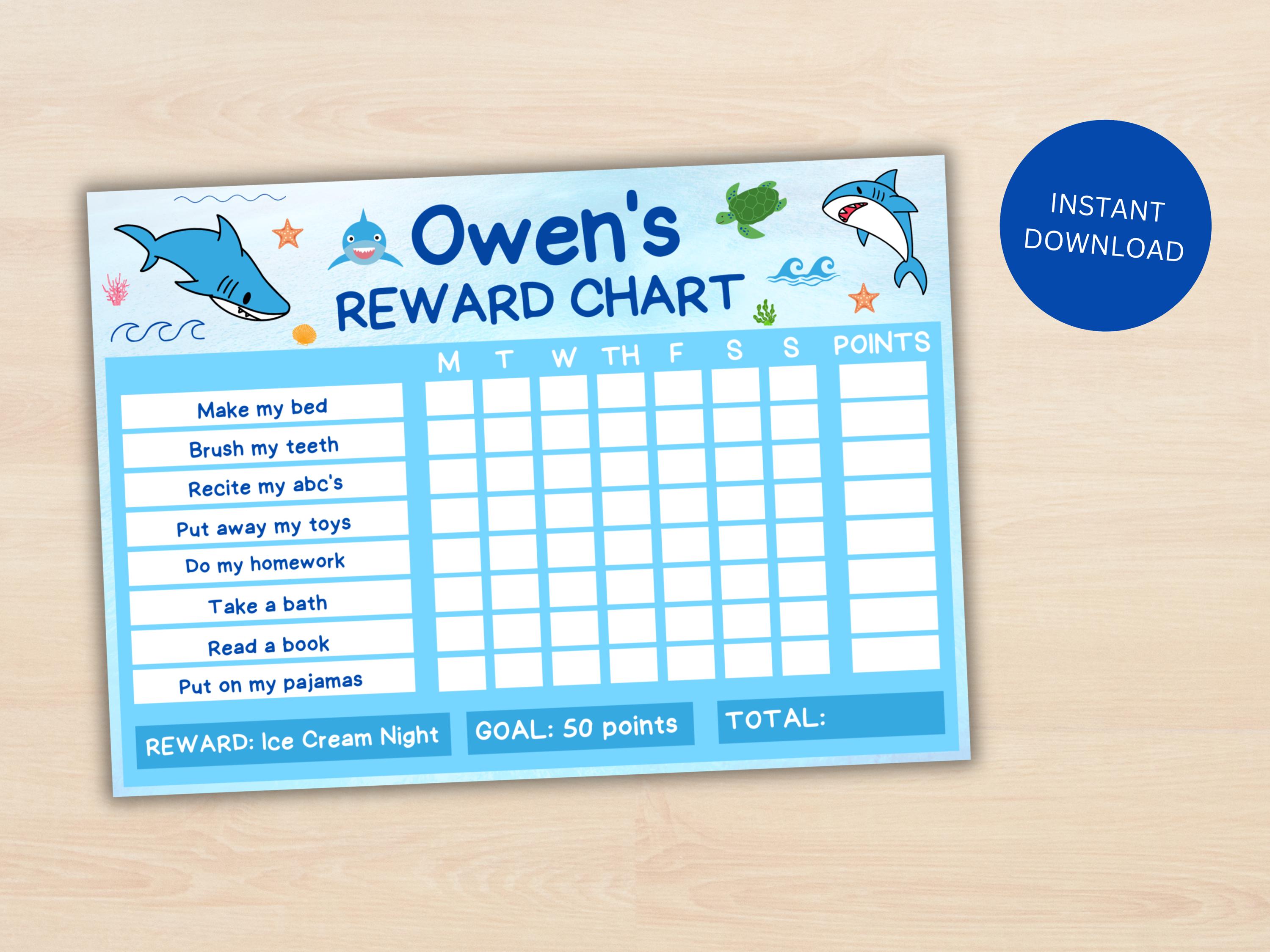 EDITABLE Boys Shark Reward Chart, Ocean Animals Chore Chart, Cute ...