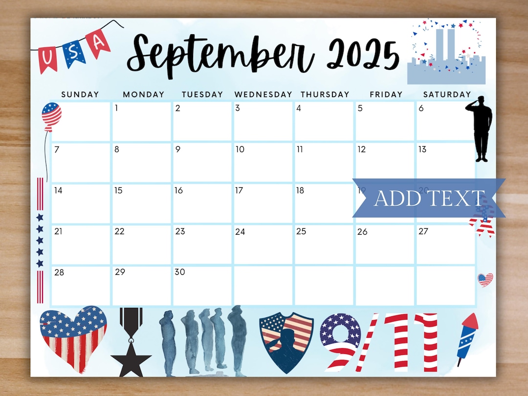 Editable September 2025 Calendar, Printable 9/11 Calendar, Patriotic ...