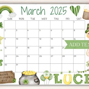 EDITABLE March 2025 Calendar, Printable Calendar 2025 W/ St Patricks ...