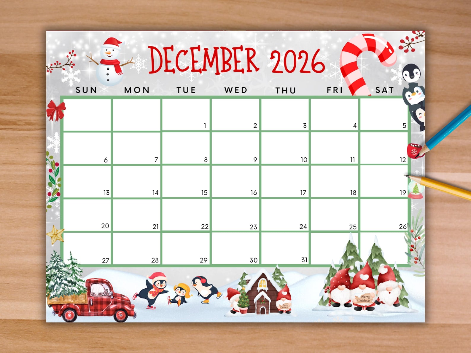 Editable December 2026 Calendar, Printable Christmas Calendar W ...