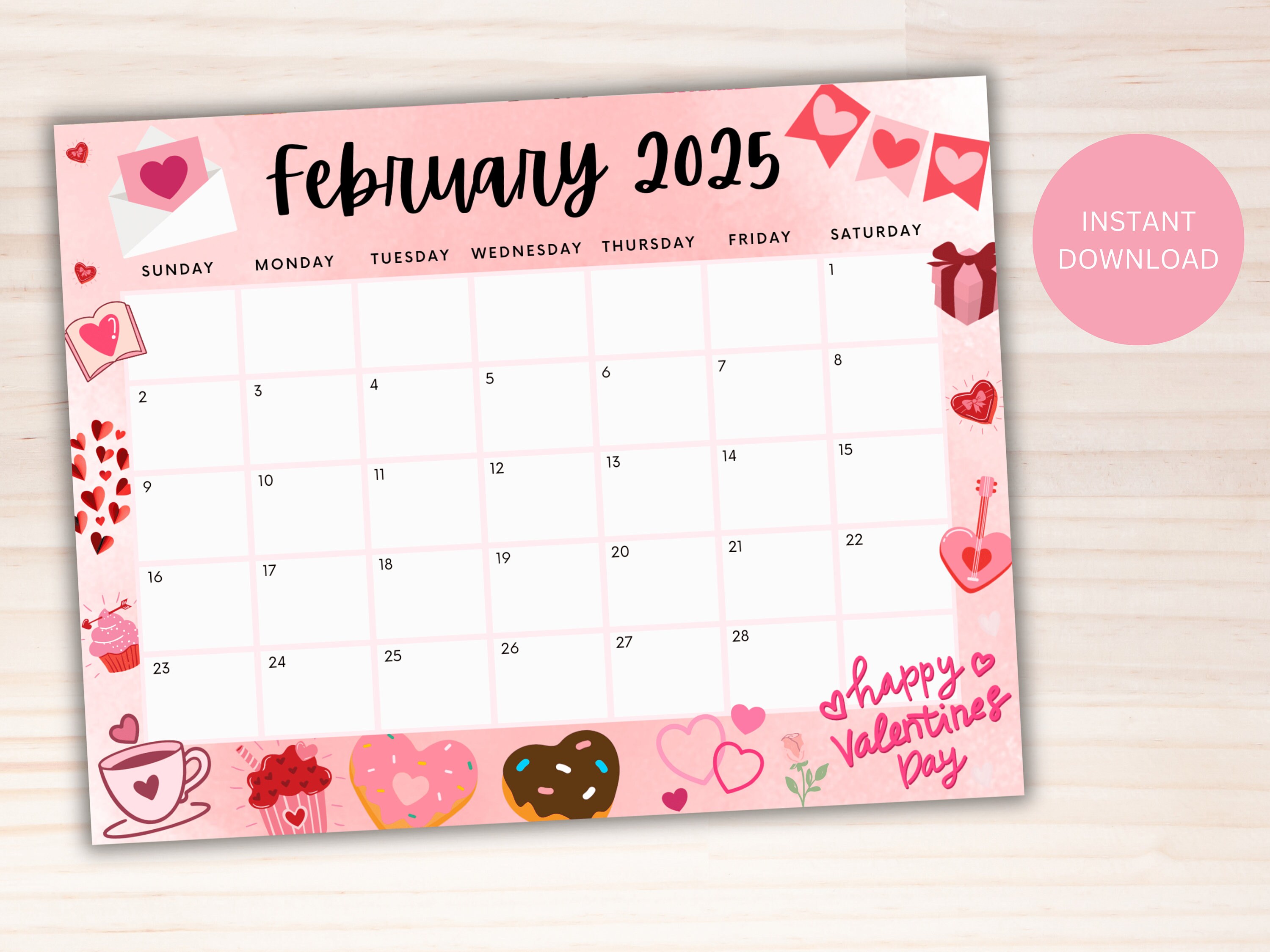 Editable February 2025 Calendar, Printable College Calendar, Happy ...