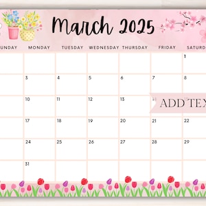 EDITABLE March 2025 Calendar, Printable Wall Calendar 2025, Cute Spring ...