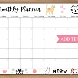 Editable Monthly Planner W/ Cats, Printable Planner, Kids School ...