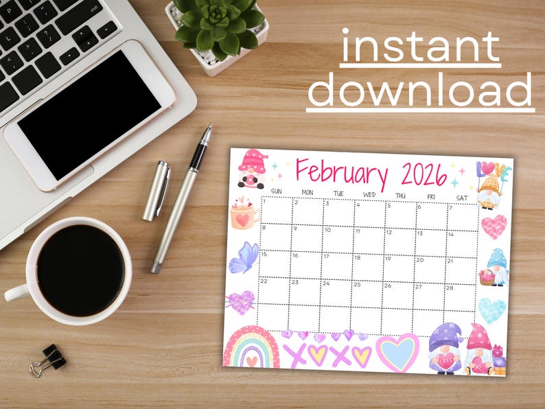 Editable February 2026 Calendar, Printable Colorful Valentines Day ...
