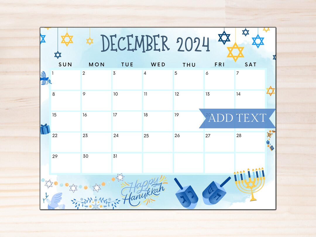 Printable December 2024 Calendar, Printable Hanukkah Calendar Blue ...