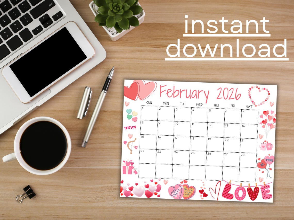 Editable February Calendar 2026, Printable Wall Calendar 2026, Cute ...