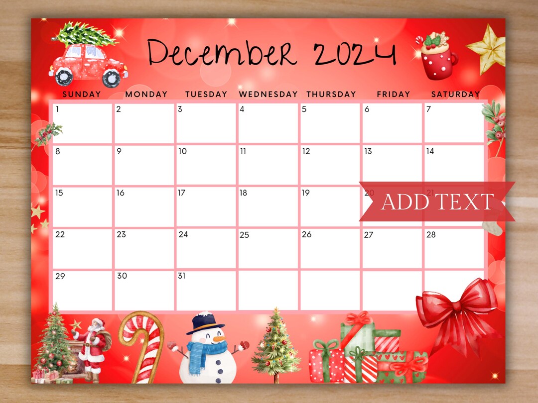 Editable December Calendar 2024, Traditional Red Christmas Calendar W ...