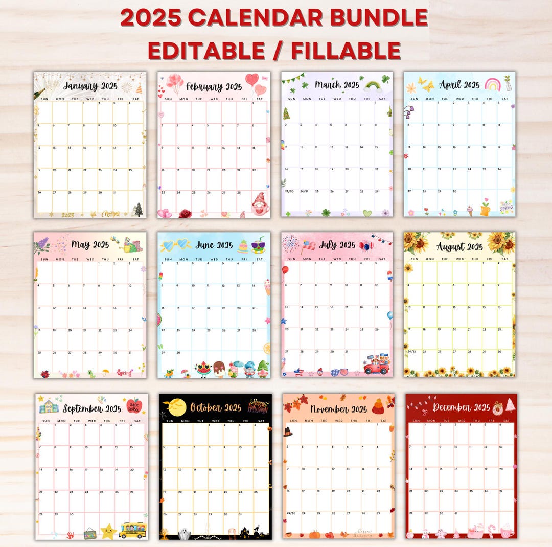 Editable 2025 Calendar Bundle- Printable Calendars Vertical- Kids ...